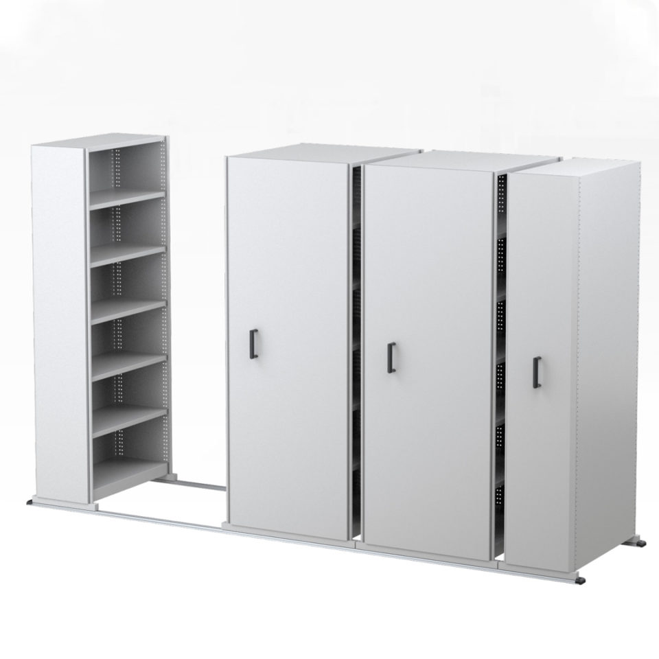 We supply Mobile shelving - 'compactus style' manual systems